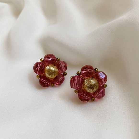 Vintage | Jewelry | Vtg Lisner Pink Jewel Gold Flower Clip Earrings ...